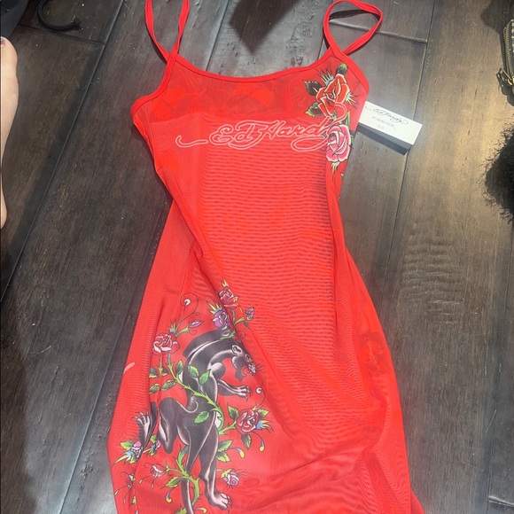 Ed Hardy | Dresses | Ed Hardy Red Dress With Floral And Panther Design ...